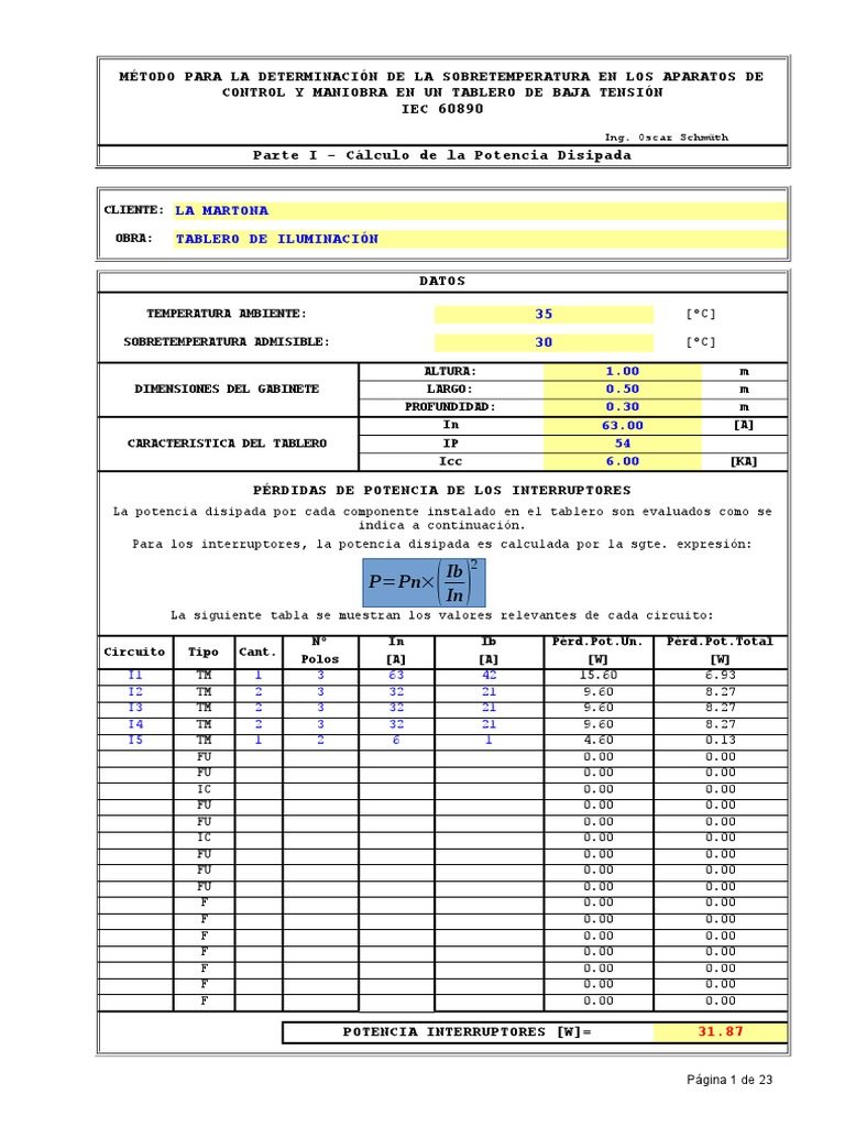 Cálculo de Potencia y Sobretemperatura IEC 60890 | PDF | Energia ...