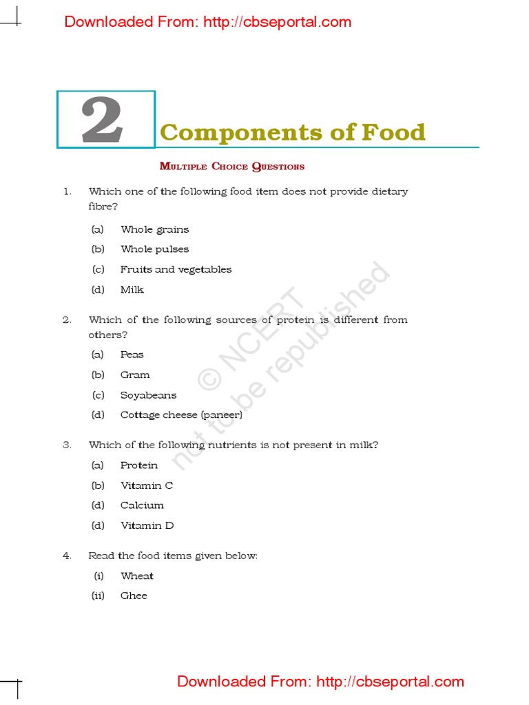 NCERT Exemplar Problems From Class 6 Science Components of Food | PDF ...