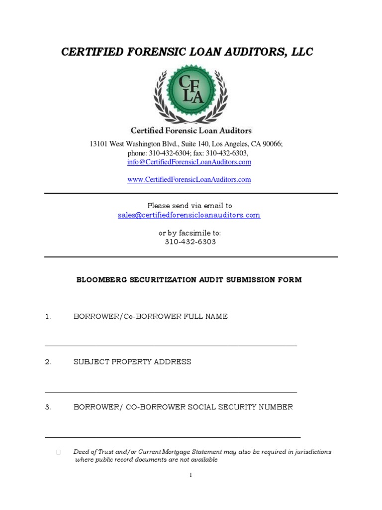 Certified Forensic Loan Auditors, LLC: Bloomberg Securitization Audit Submission Form | PDF