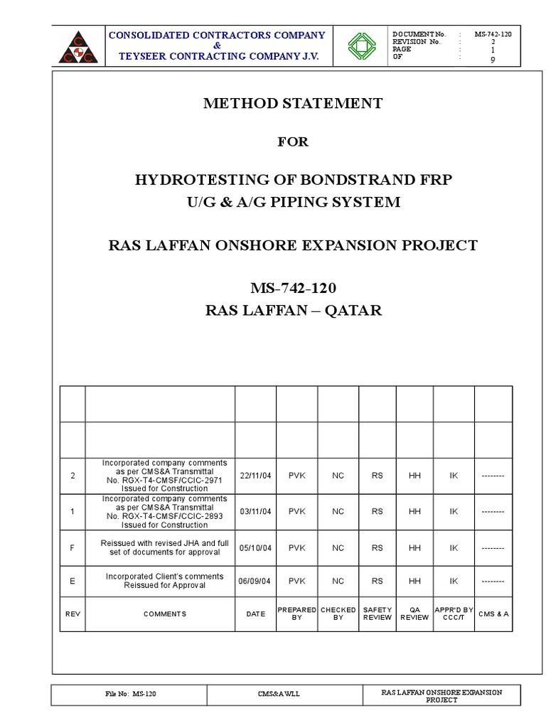 Method Statement for Hydrotesting of Bonstrand FRP Underground and ...