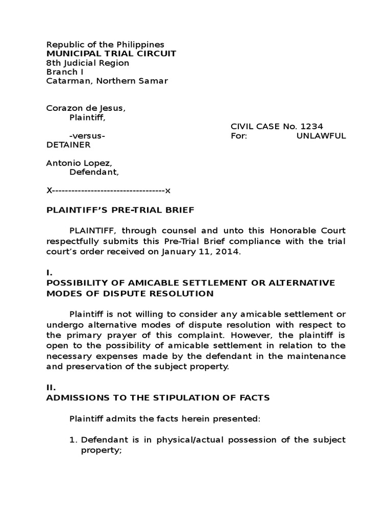 Sample Civil Case Pre Trial Brief | PDF | Lawsuit | Common Law