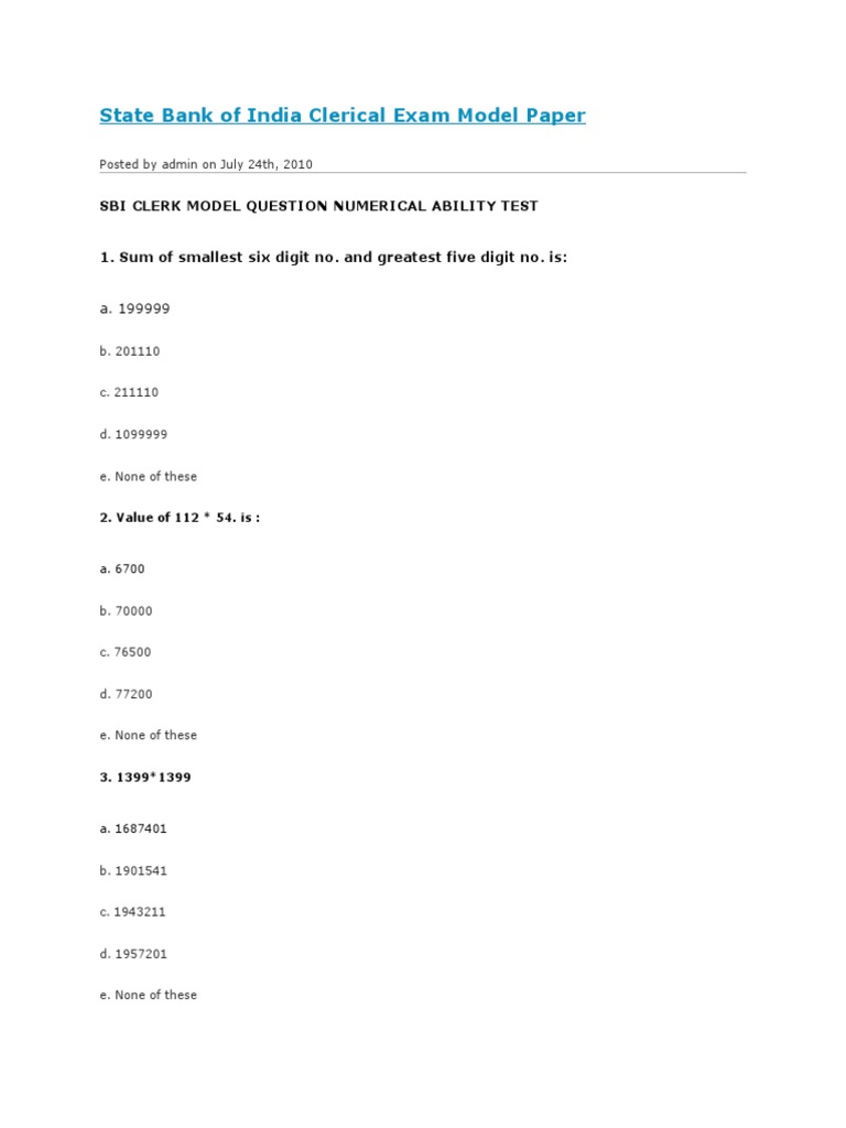 State Bank of India Clerical Exam Model Paper: Sbi Clerk Model Question ...