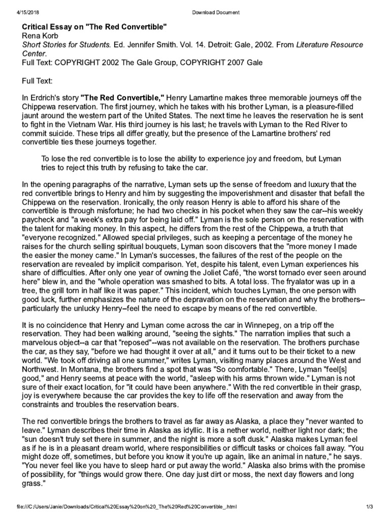 Critical Essay On The Red Convertible 2002 | PDF