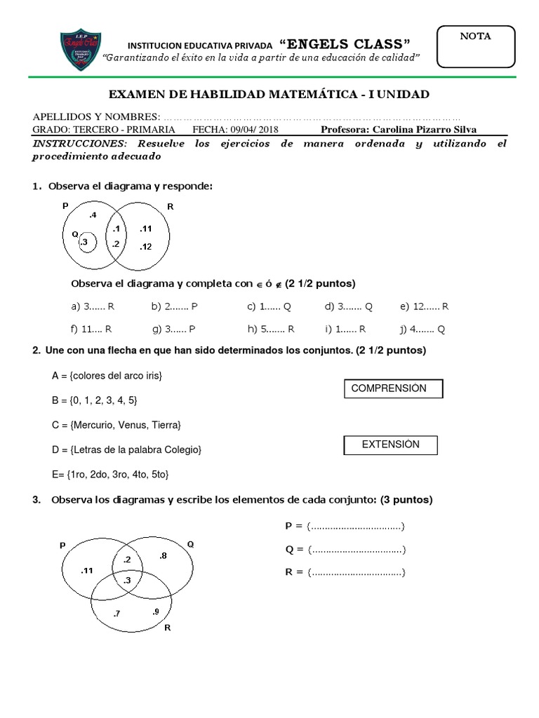 Examen 3° Grado | PDF | Conjunto (Matemáticas) | Enseñanza de matemática