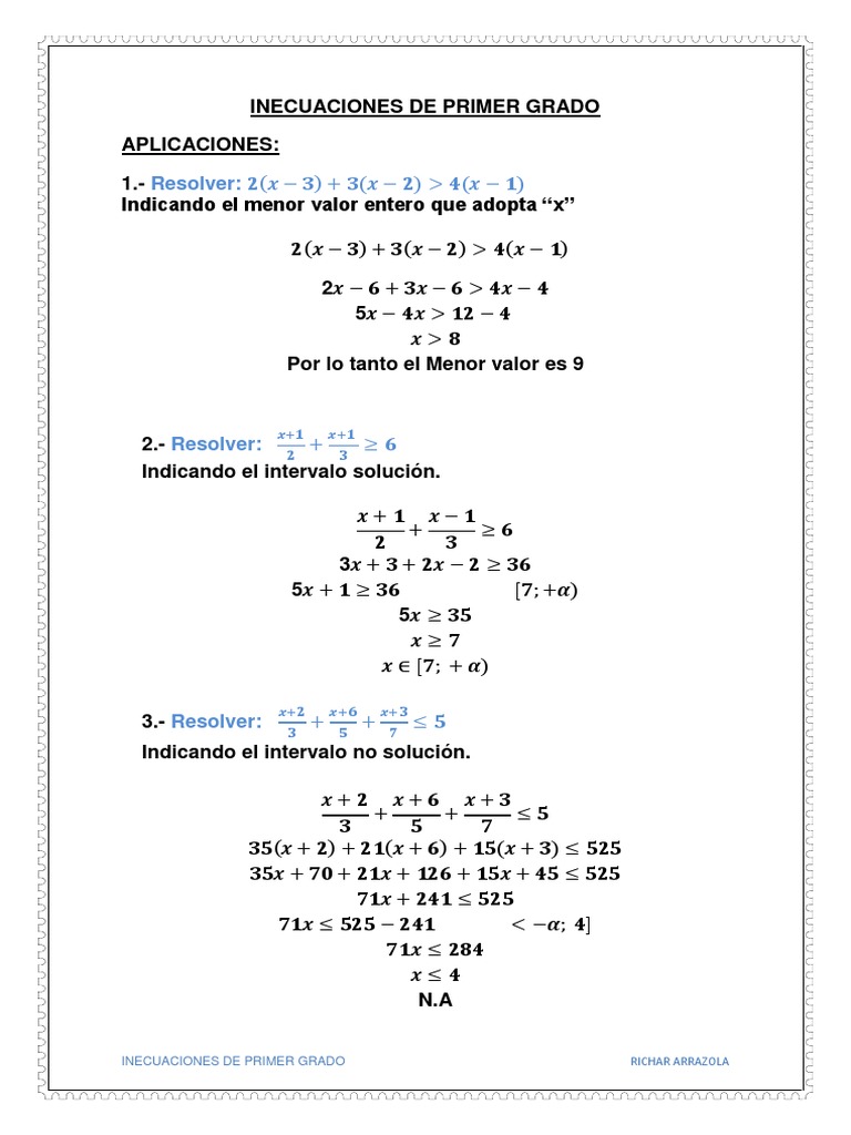 Inecuaciones de Primer Grado Richar Arrazola | Descargar gratis PDF | Desigualdad (Matemáticas ...