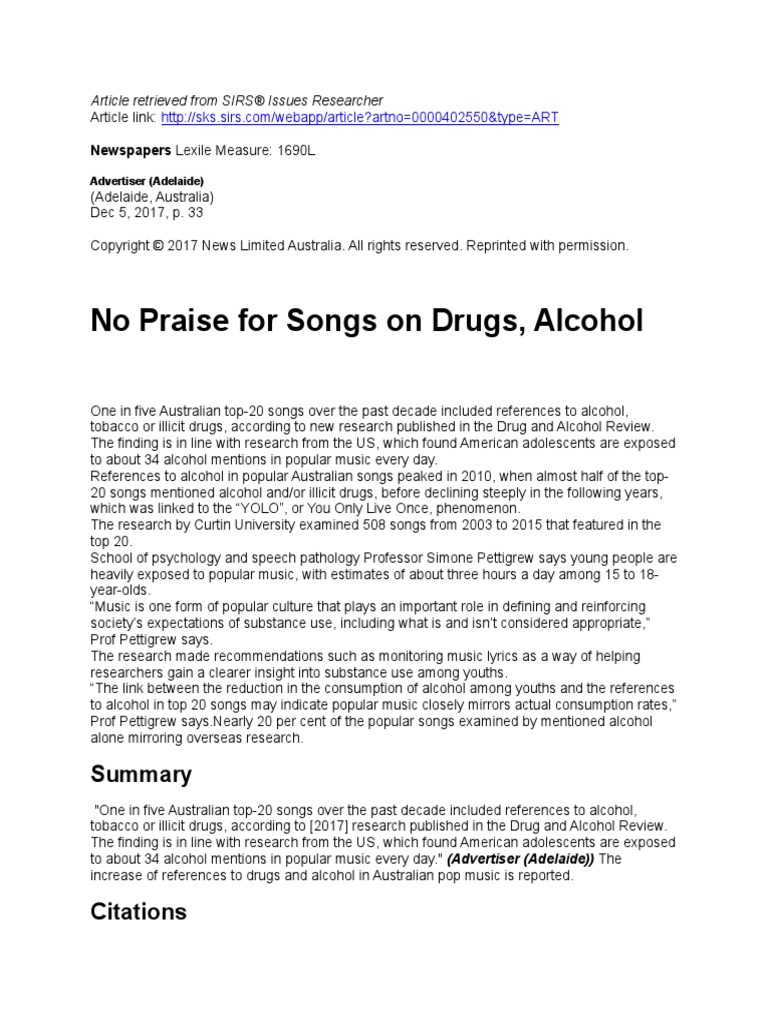 No Praise For Songs On Drugs Alcohol | PDF | Substance Abuse | Psychology