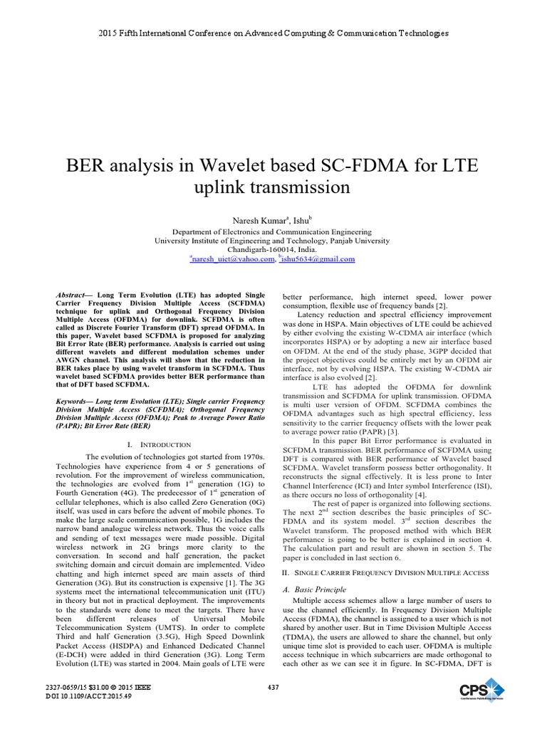 BER Analysis in Wavelet Based SC-FDMA For LTE Uplink Transmission | PDF | Wavelet | High Speed ...