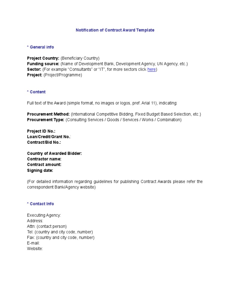 Notification of Contract Award Template | PDF