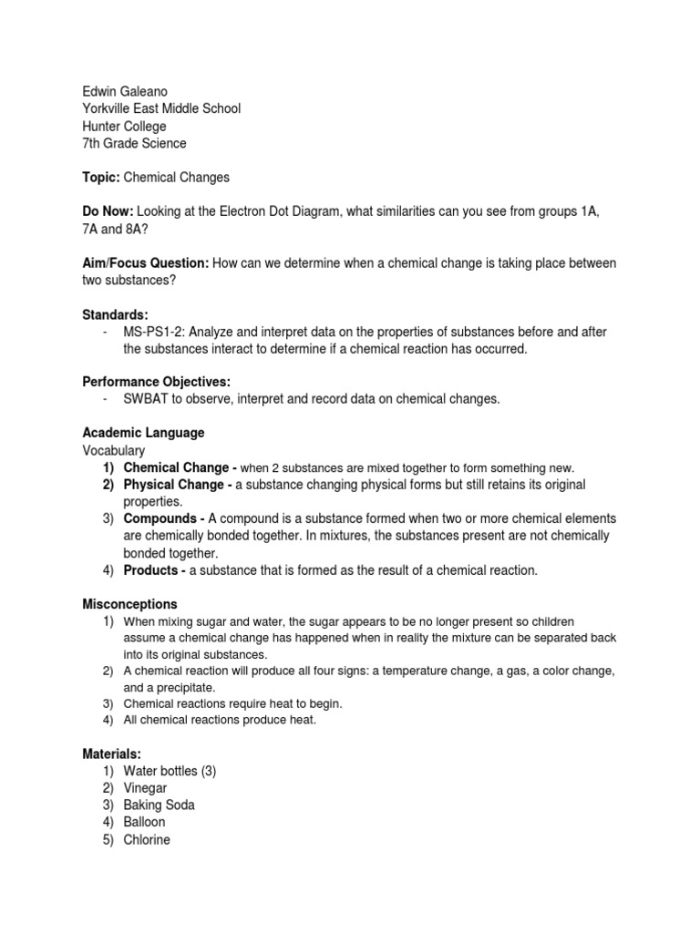 Chemical Changes Lesson Plan | PDF | Chemical Substances | Chemical ...