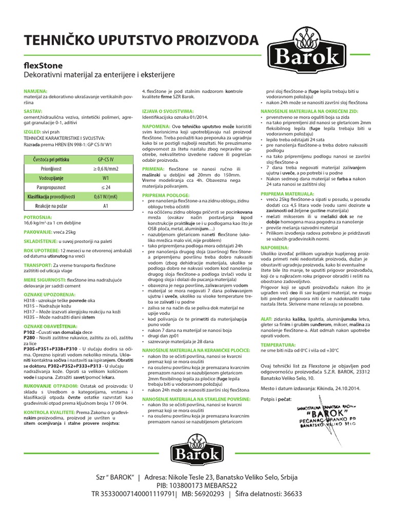 FlexStone Tehnicko Uputstvo Proizvoda | PDF