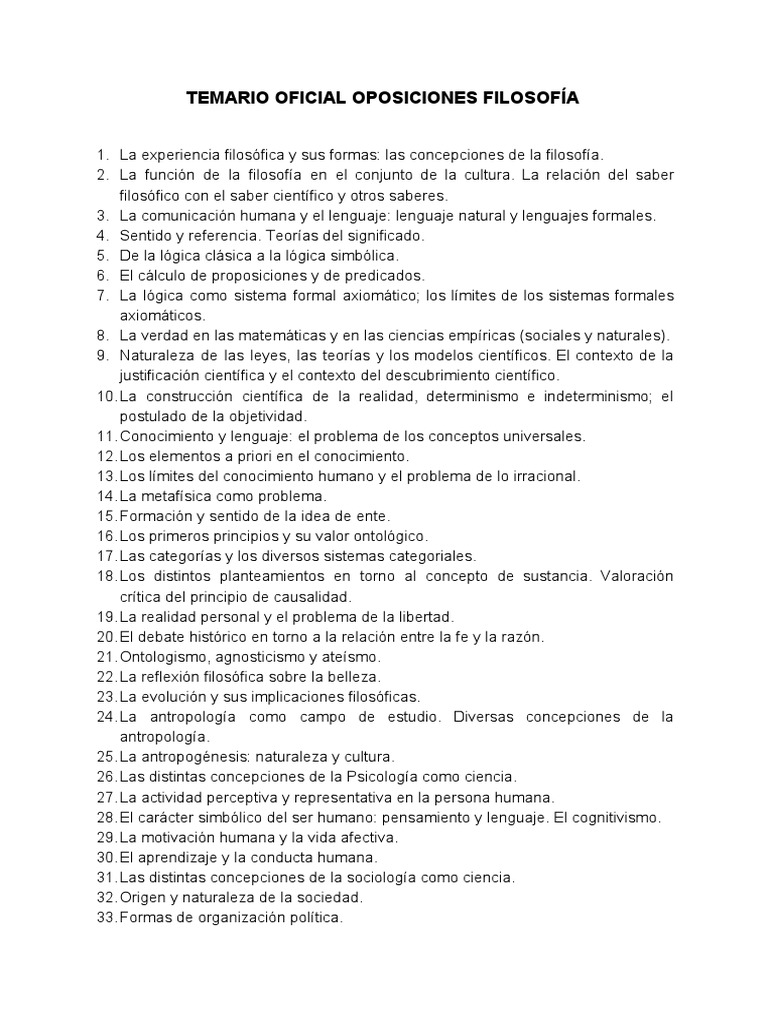 Temario Oficial Oposiciones Filosofía | Descargar gratis PDF | Teoría