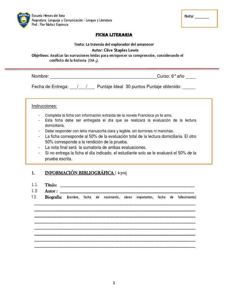 Ficha Literaria para 6° Básico | PDF | Novelas | Escritura