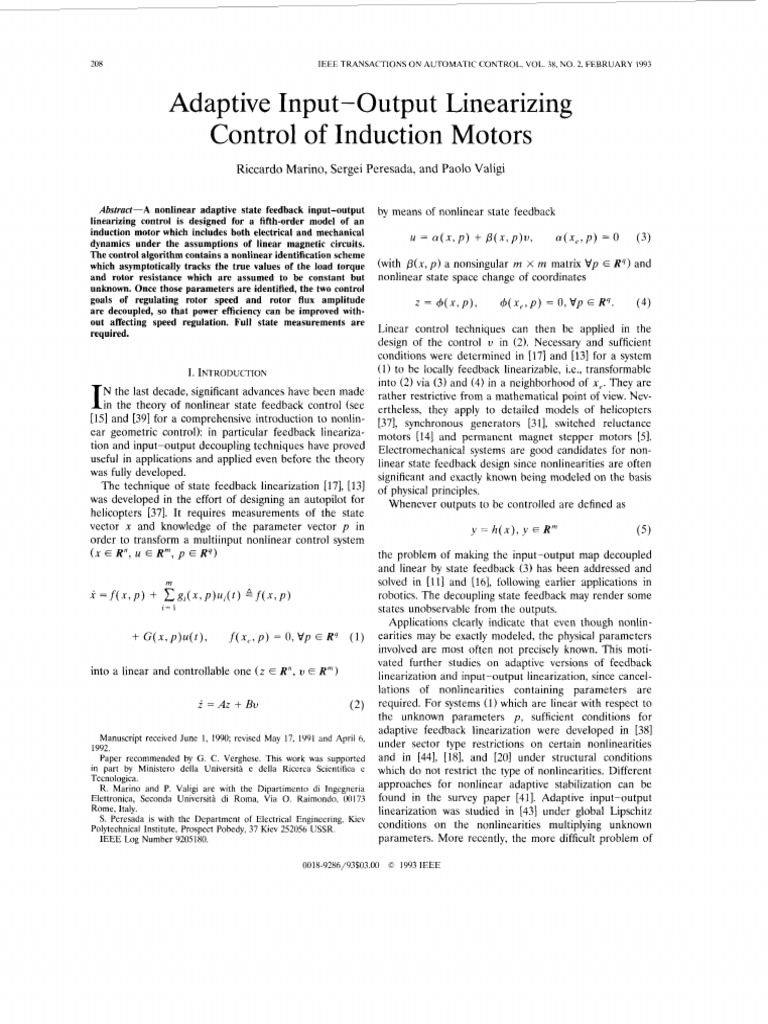 Adaptive Input Output Linearizing Control Of Induction Motors Pdf Pdf Control Theory