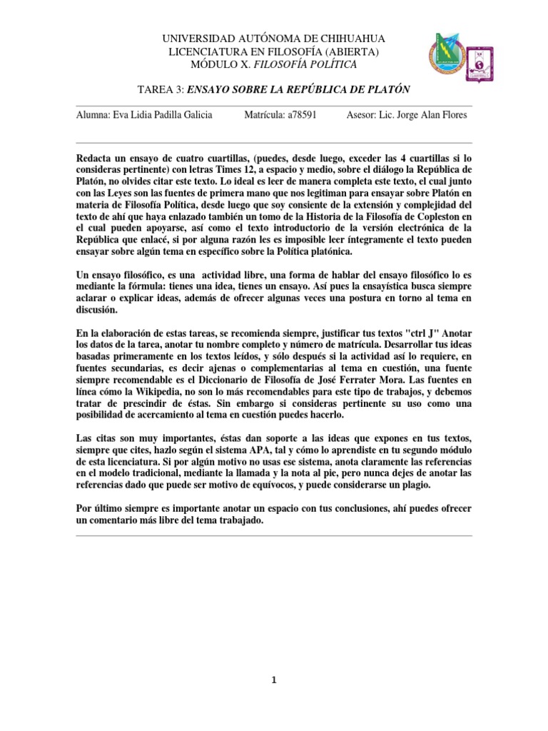 M10-POLÍTICA-O1-T3-Ensayo LA REPÚBLICA-PLATÓN | PDF | Realismo filosófico | Platón