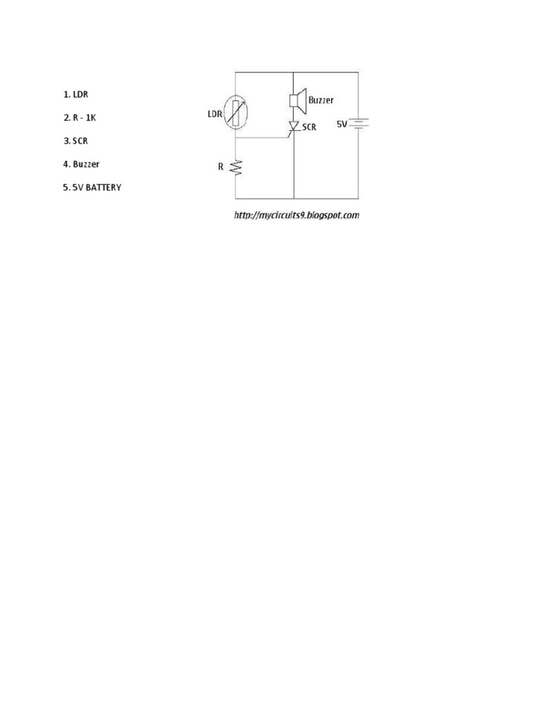 LDR 2. R - 1K 3. SCR 4. Buzzer 5. 5V Battery | PDF
