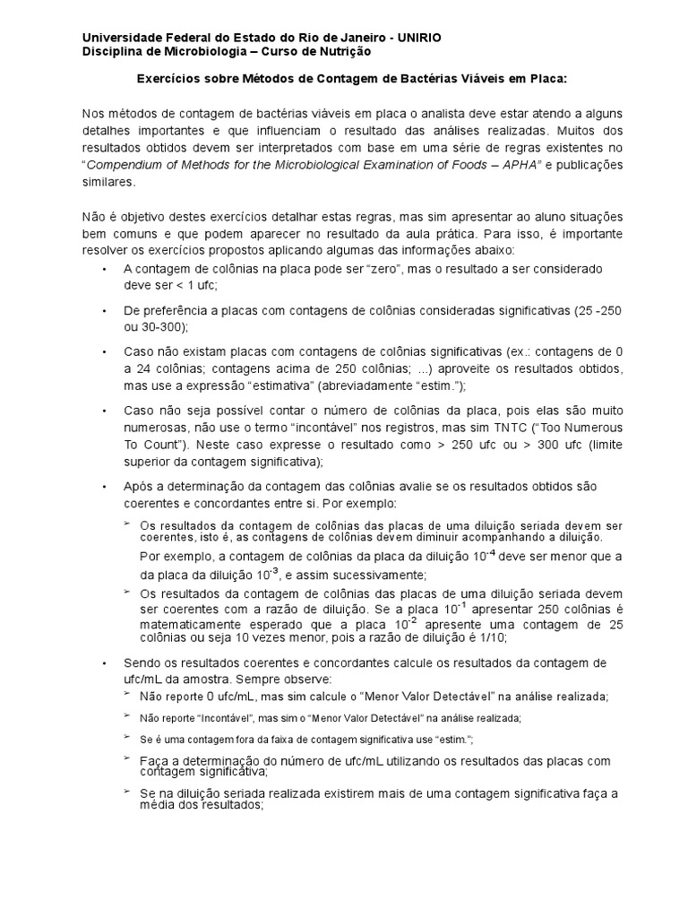 Exercicios - Contagem de Bacterias 02-2017 Parte 1 | PDF | Bactérias ...