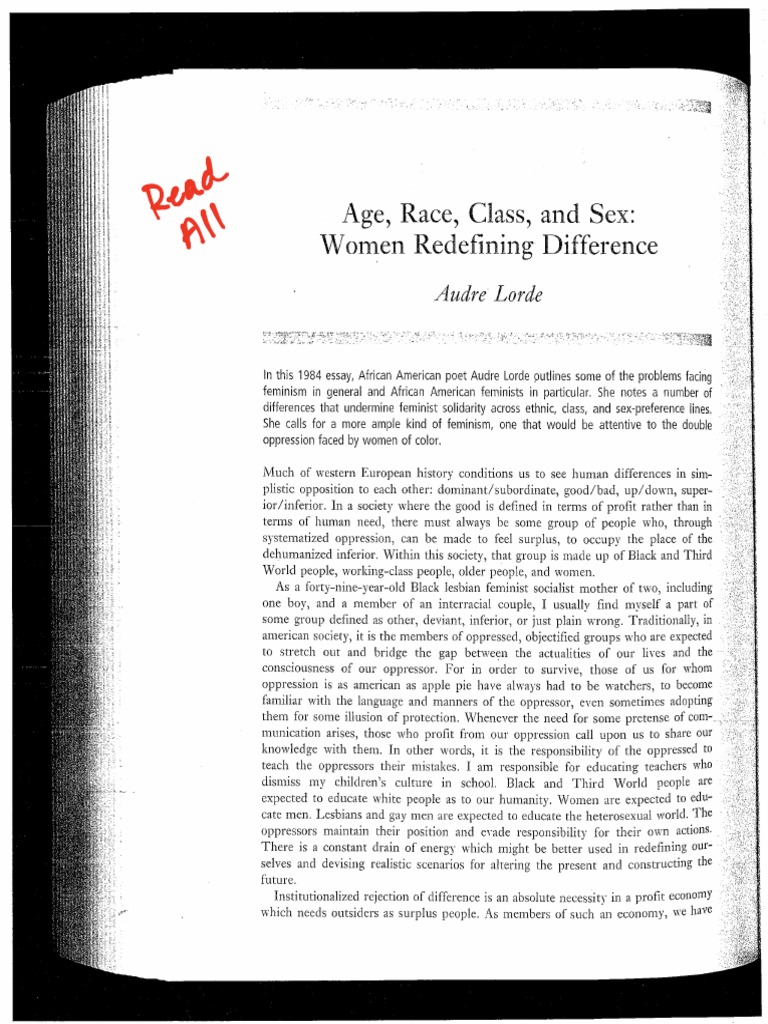 Audre Lorde - Age Race Class and Sex Women Redefining Difference | PDF