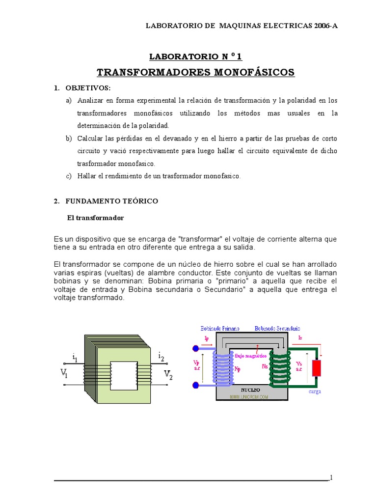 Lab 1 Transformadores Monofásicos | PDF | Transformador | Inductor
