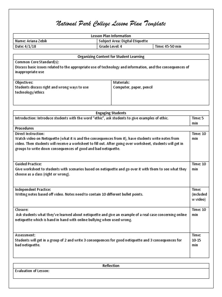 NPC Lesson Plan Template 1 | PDF | Etiquette | Lesson Plan
