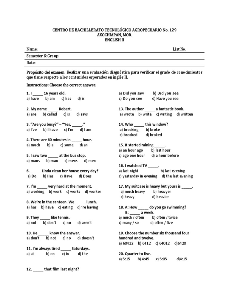 Diagnostic Test For English Level A2 | PDF | Home & Garden | Art