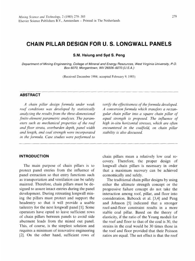 Chain Pillar Design For U. S. Longwall Panels, Hsiung and Peng, 1985 ...