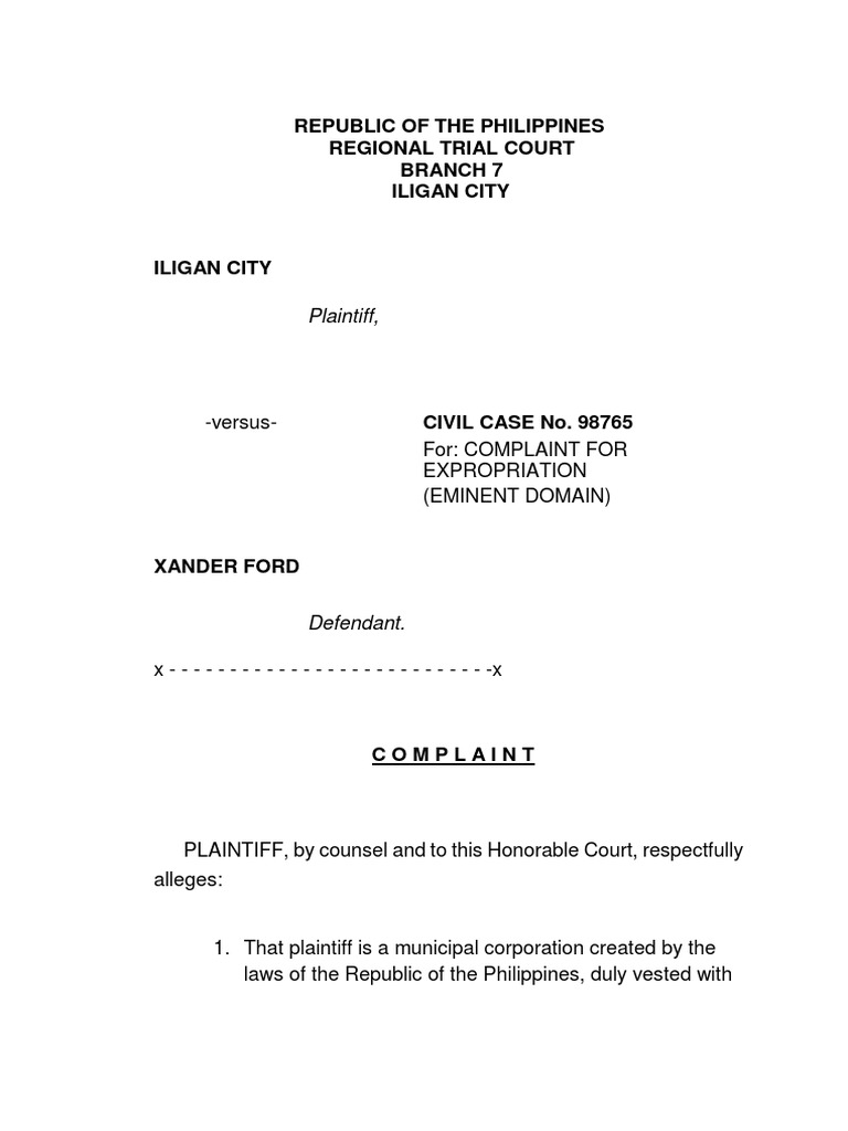 Sample Complaint Final | PDF | Eminent Domain | Complaint