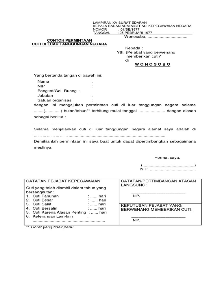 Format Permohonan Dan Ijin Cuti Diluar Tanggungan Negara Pns | PDF