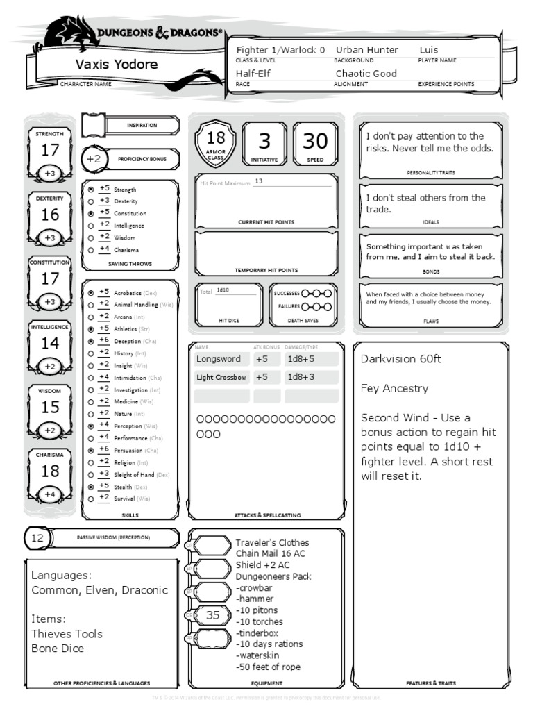 Vaxis Yodore Fighter Warlock Character Sheet | Role Playing Games | Leisure