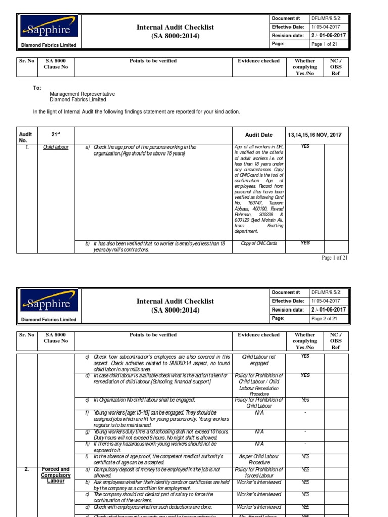SA 8000 Internal Audit Check List | Overtime | Occupational Safety And ...