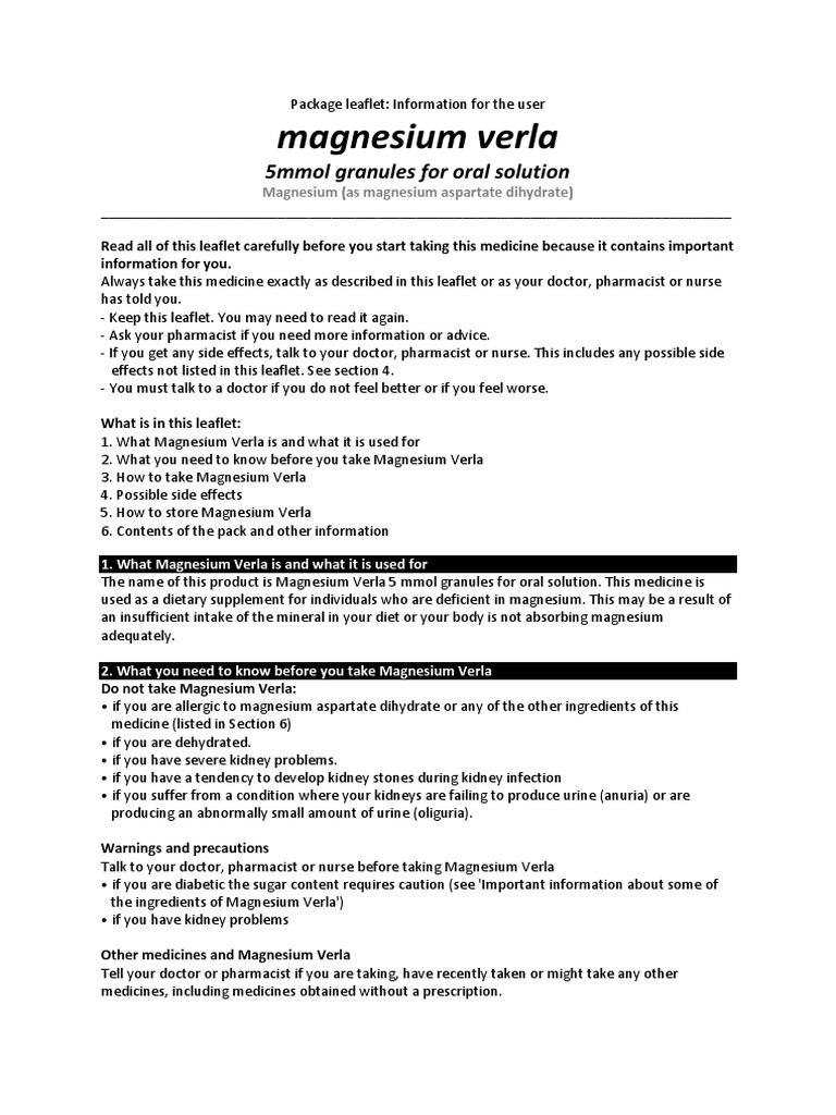 Magnesium Verla Product Leaflet | PDF | Magnesium | Diarrhea