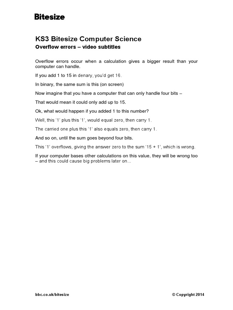 KS3 Bitesize Computer Science: Overflow Errors - Video Subtitles | PDF
