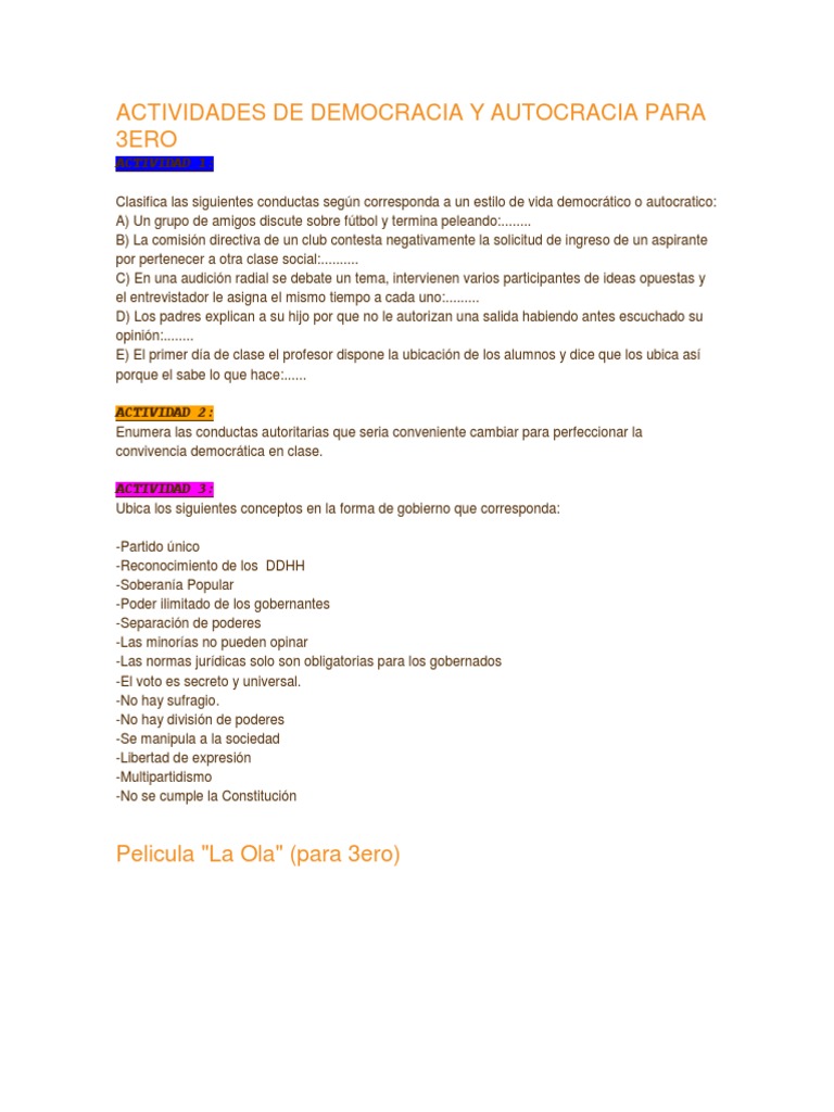 Actividades de Democracia y Autocracia para 3ero | PDF | Elecciones ...