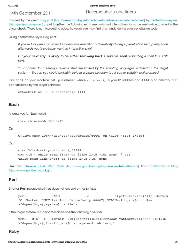 BSCKDOOR - Reverse Shells One-Liners PDF | PDF | Ruby (Programming Language) | Port (Computer ...
