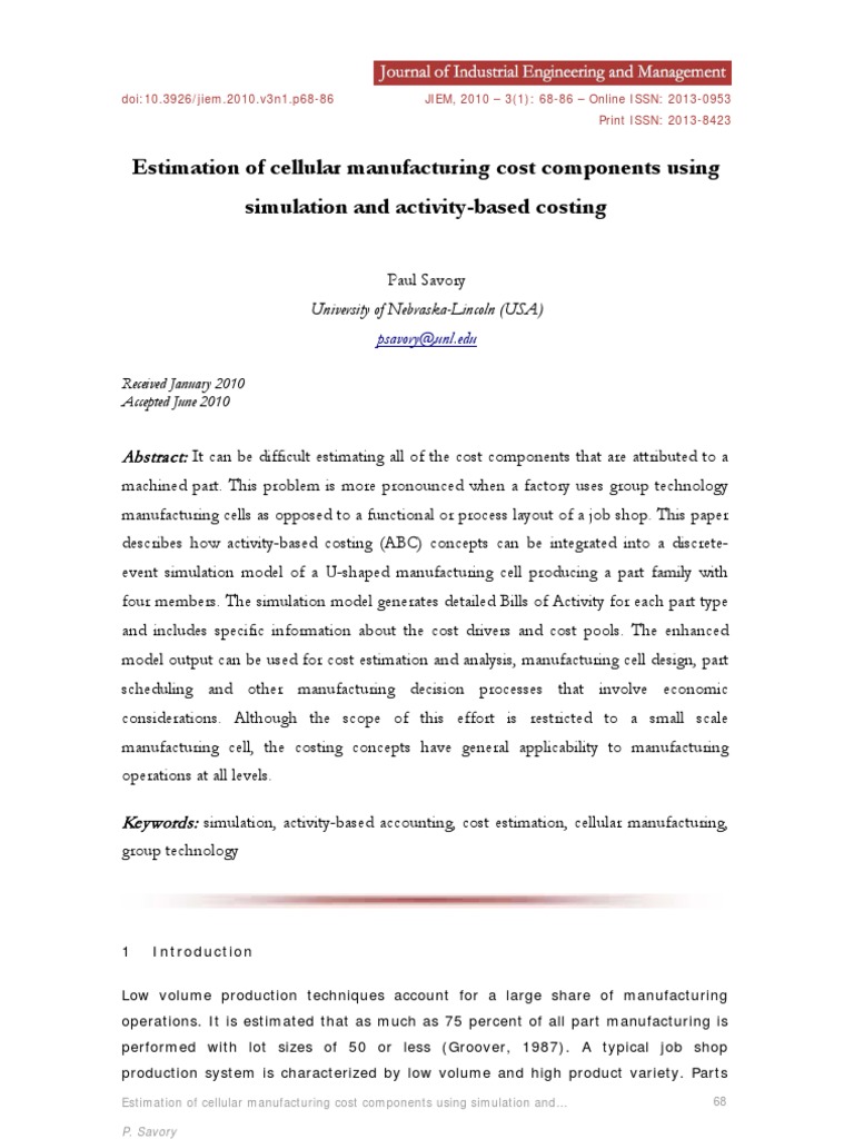 Estimation of Cellular Manufacturing Cost Components Using Simulation ...