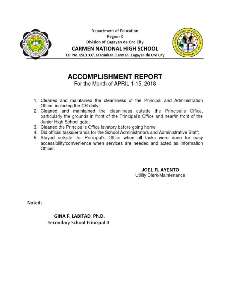 Carmen National High School Utility Clerk's April Accomplishment Report ...