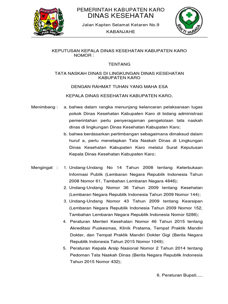 TATA NASKAH DINAS DINKES Kab. Karo | PDF
