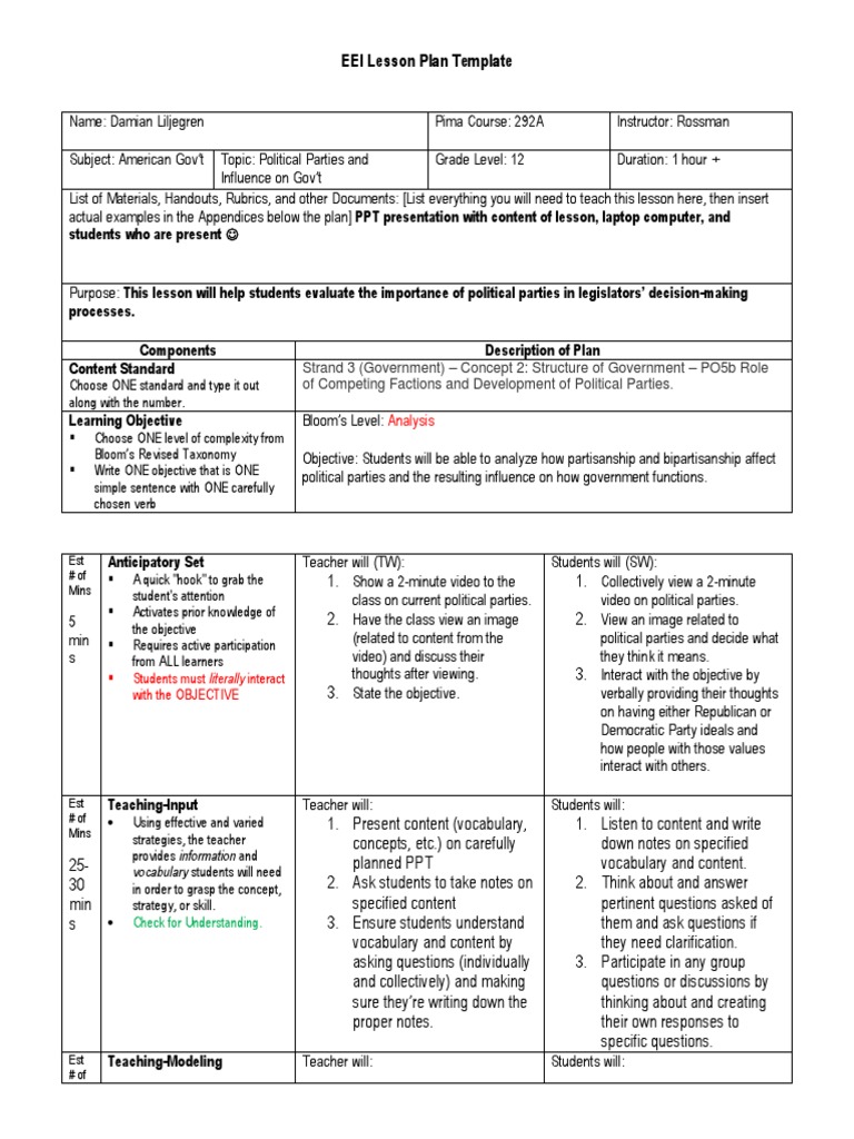 Eei Lesson Plan 1 | PDF | Lesson Plan | Critical Thinking