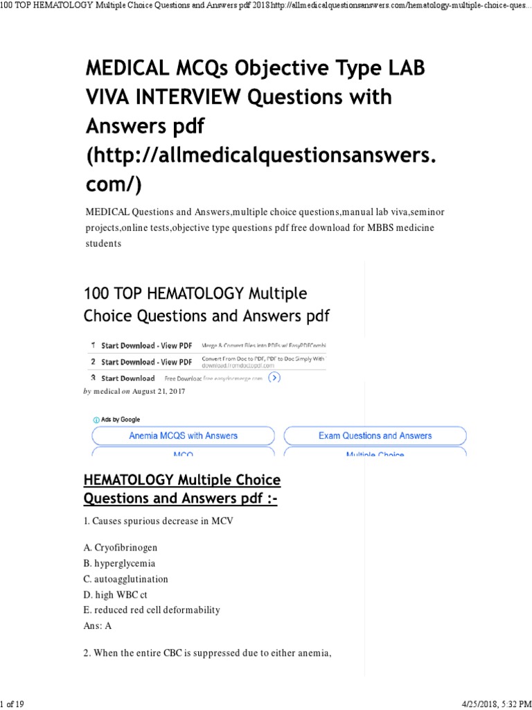HEMATOLOGY Multiple Choice Questions and Answers | Anemia | Red Blood Cell