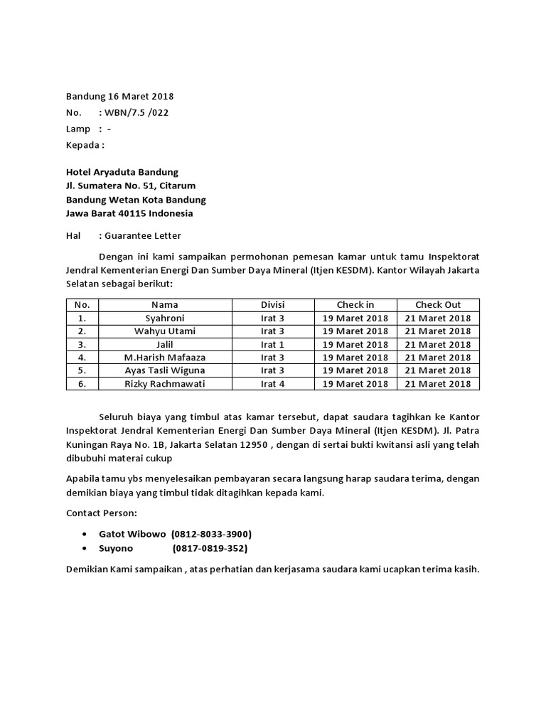 Surat Permohonan Guarantee Letter Hotel | PDF