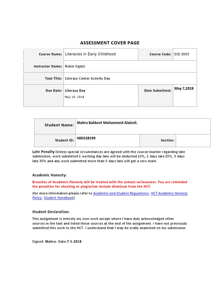 Assessment Cover Page: Student Name | PDF | Academic Dishonesty ...