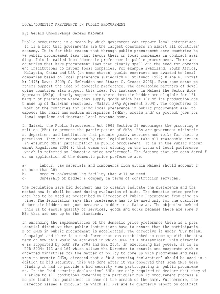Local/domestic Preference in Public Procurement | PDF | Malawi | Canada