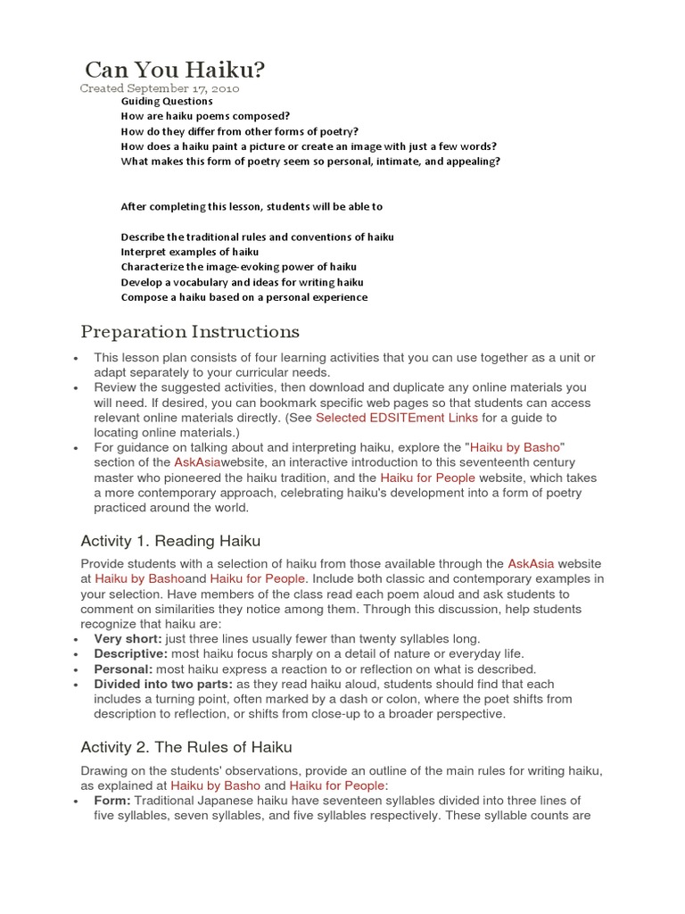 A Lesson Plan On Haiku | PDF | Haiku | Poetry