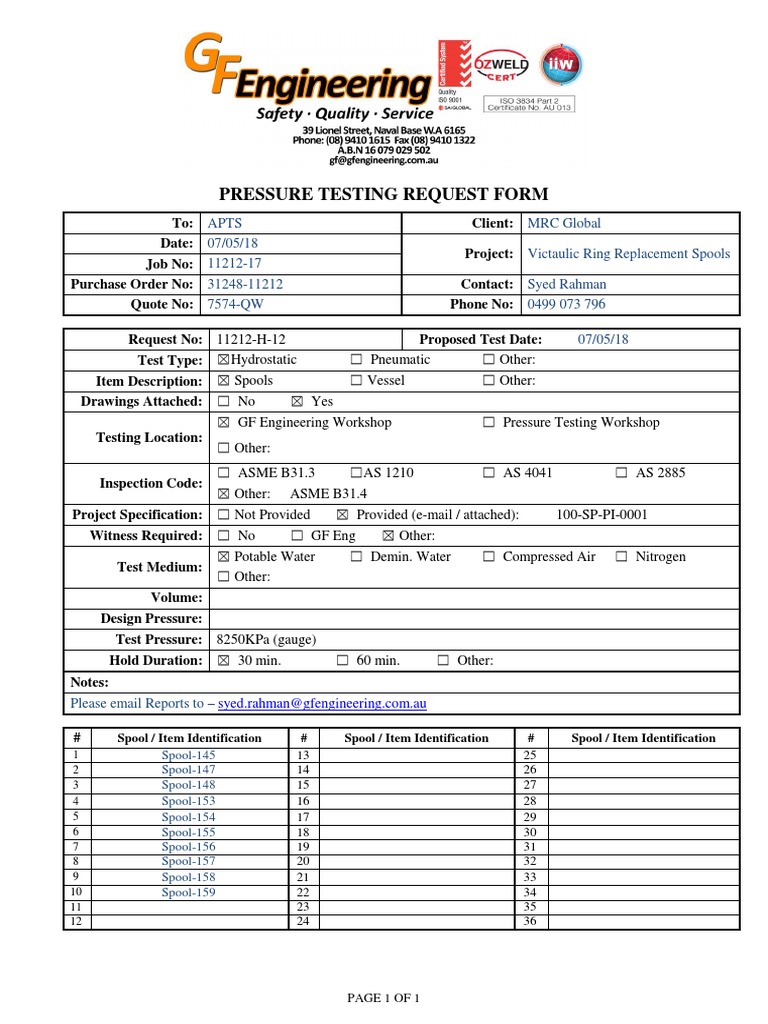 Pressure Testing Request Form | PDF | Energy Technology | Gas Technologies
