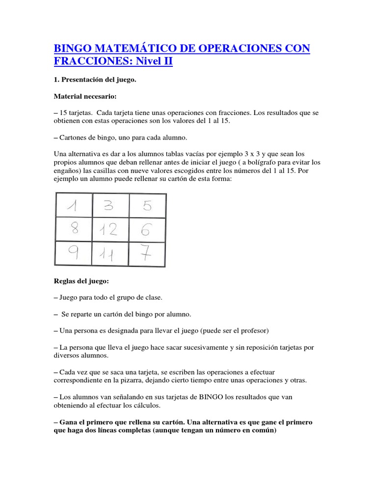 Bingo Matemático de Operaciones Con Fracciones | PDF
