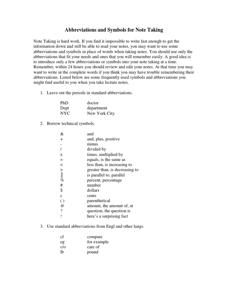 Abbreviation For Note Taking | PDF | Percentage | Phonology