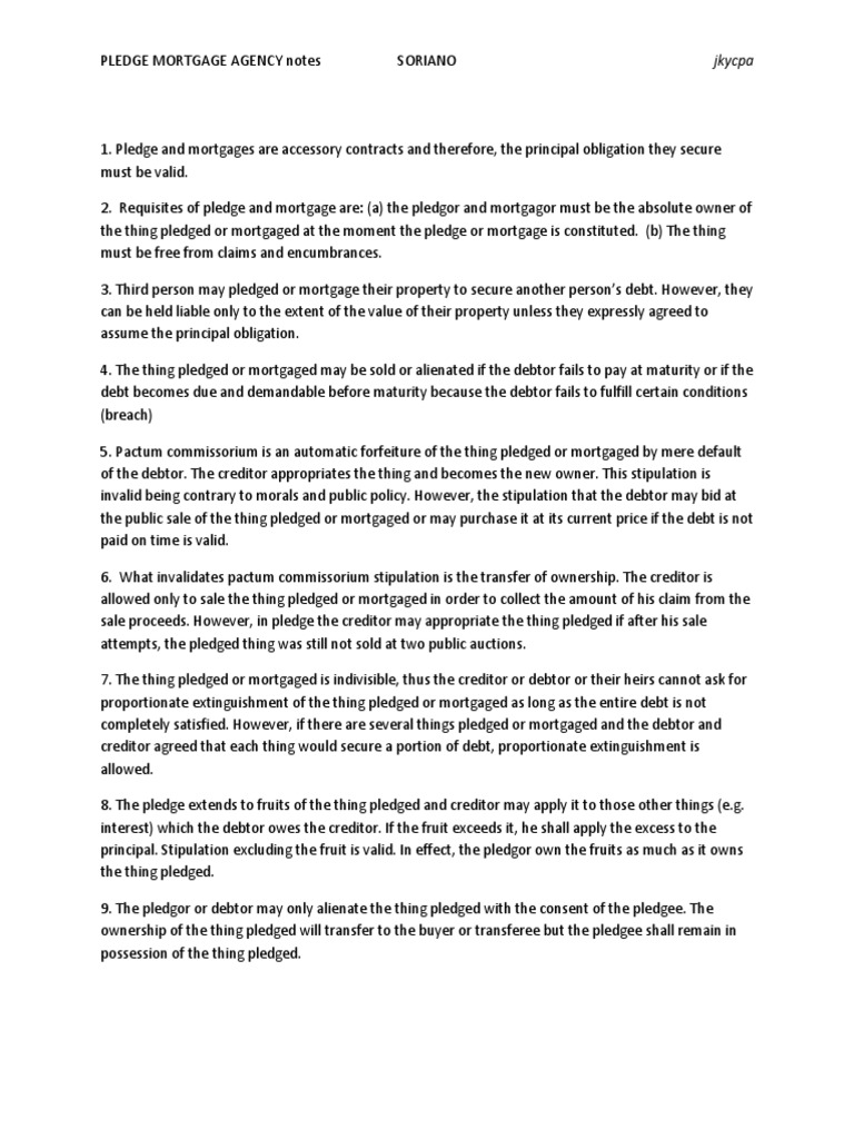 Pledge Mortgage Agency Notes | PDF | Mortgage Law | Law Of Agency