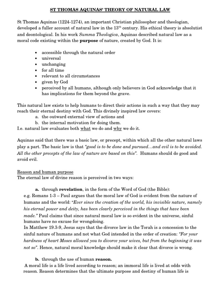 Aquinas Theory of Natural Law Teachers Notes | PDF | Natural Law ...