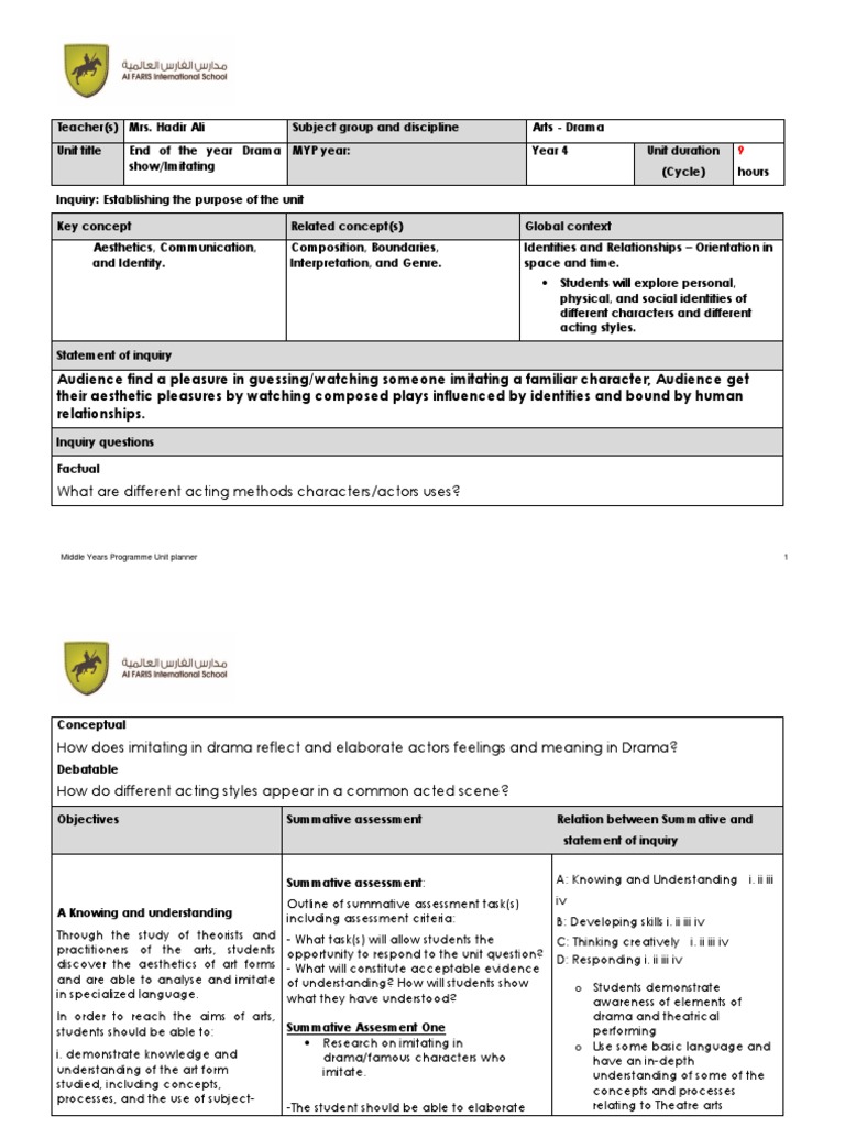 MYP Unit Plan - Grade 9 | PDF | Educational Assessment | Teachers
