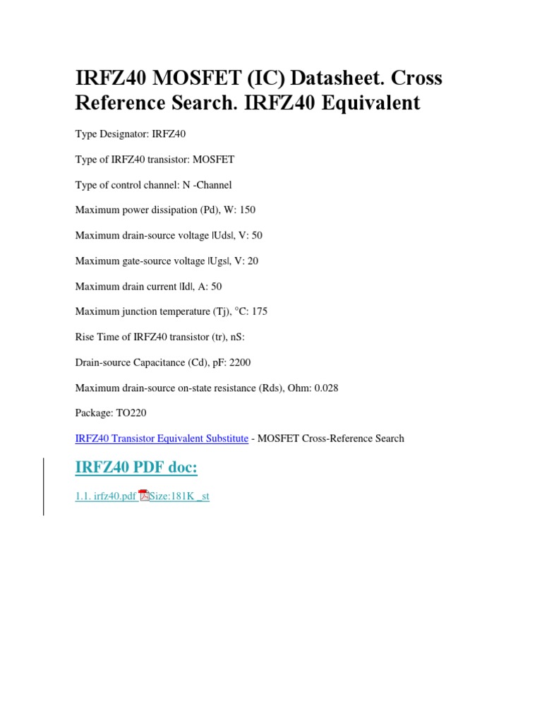 IRFZ40 MOSFET Datasheet and Equivalents | PDF | Resistencia Eléctrica y ...