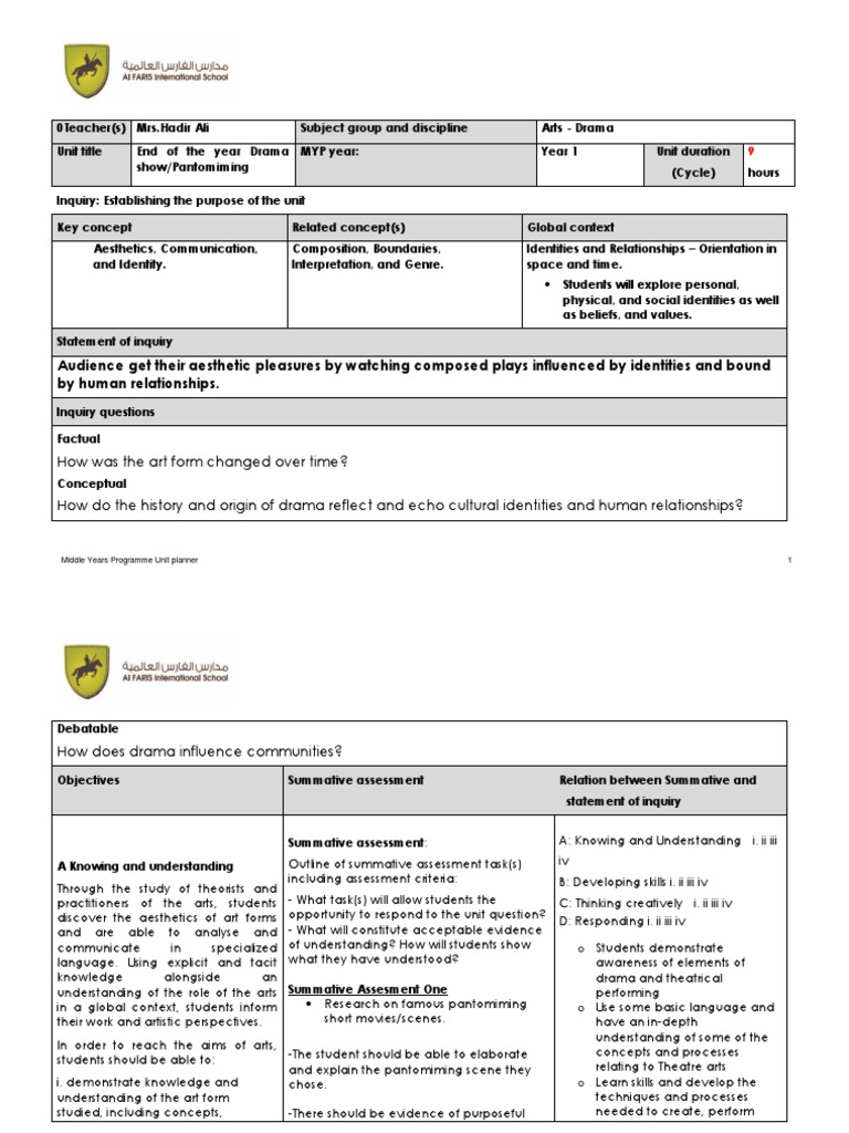 MYP Unit Plan - Yr2 Drama | PDF | Educational Assessment | Identity ...